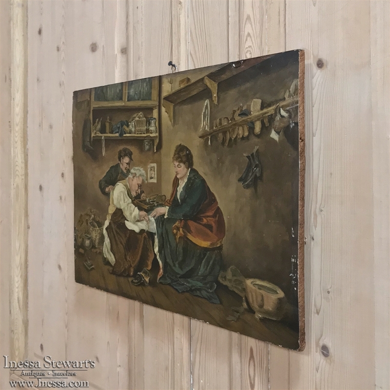 Antique Oil Painting On Board of Shoemaker at Work
