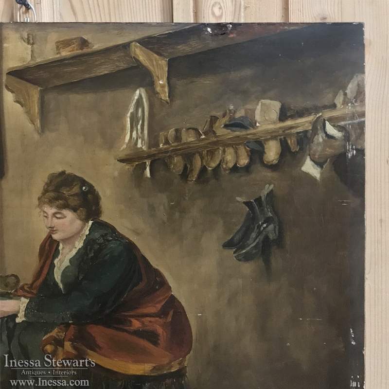 Antique Oil Painting On Board of Shoemaker at Work