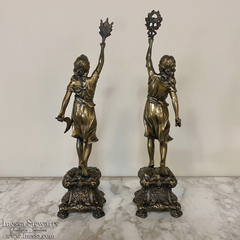 Pair Antique Spelter Statues ~ Tribute to Women in Industry