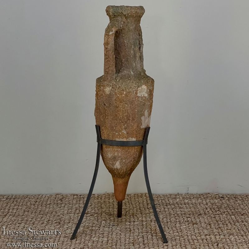 Antiqued Greek Terracotta Amphora with Wrought Iron Stand
