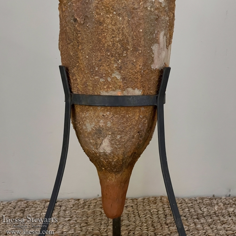 Antiqued Greek Terracotta Amphora with Wrought Iron Stand