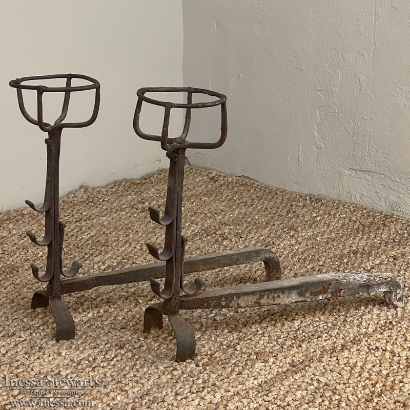 Pair 18th Century Wrought Iron Andirons