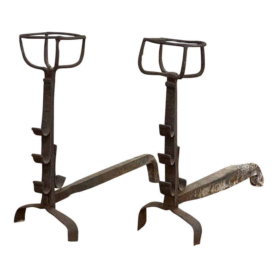 Pair 18th Century Wrought Iron Andirons
