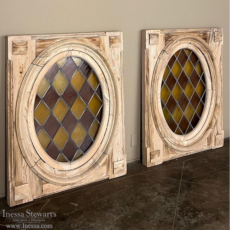 Pair 19th Century Framed Oval Stained Glass Windows