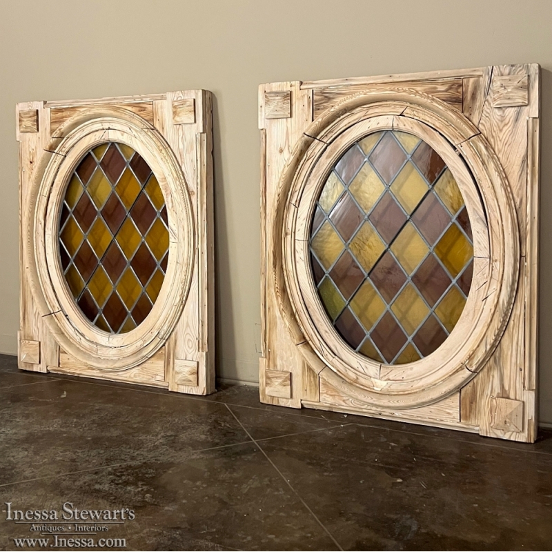 Pair 19th Century Framed Oval Stained Glass Windows