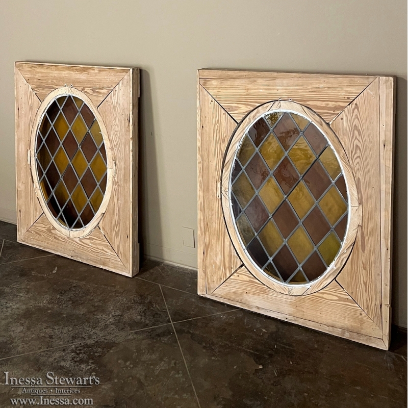 Pair 19th Century Framed Oval Stained Glass Windows