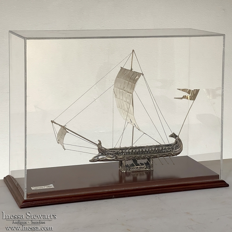 Vintage Model of Ancient Greek Galley in 950 Silver with Case