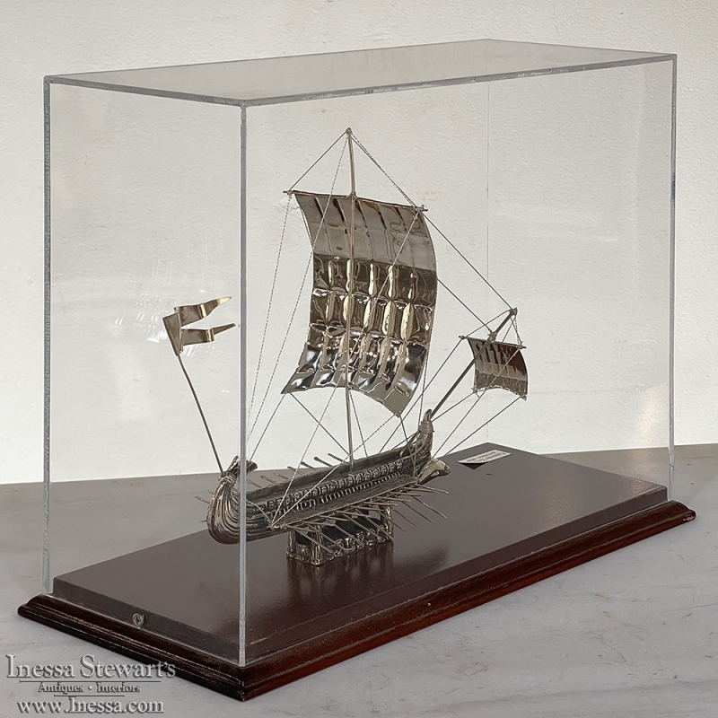 Vintage Model of Ancient Greek Galley in 950 Silver with Case