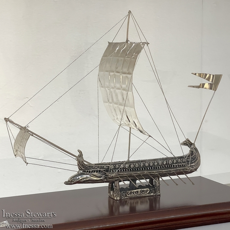 Vintage Model of Ancient Greek Galley in 950 Silver with Case