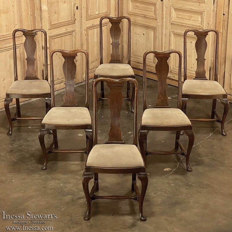 Set of 6 Antique Queen Anne Chestnut Dining Chairs