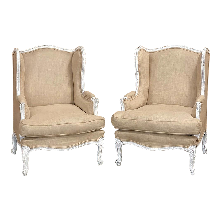 Pair Antique French Louis XV Painted Wingback Armchairs ~ Bergeres