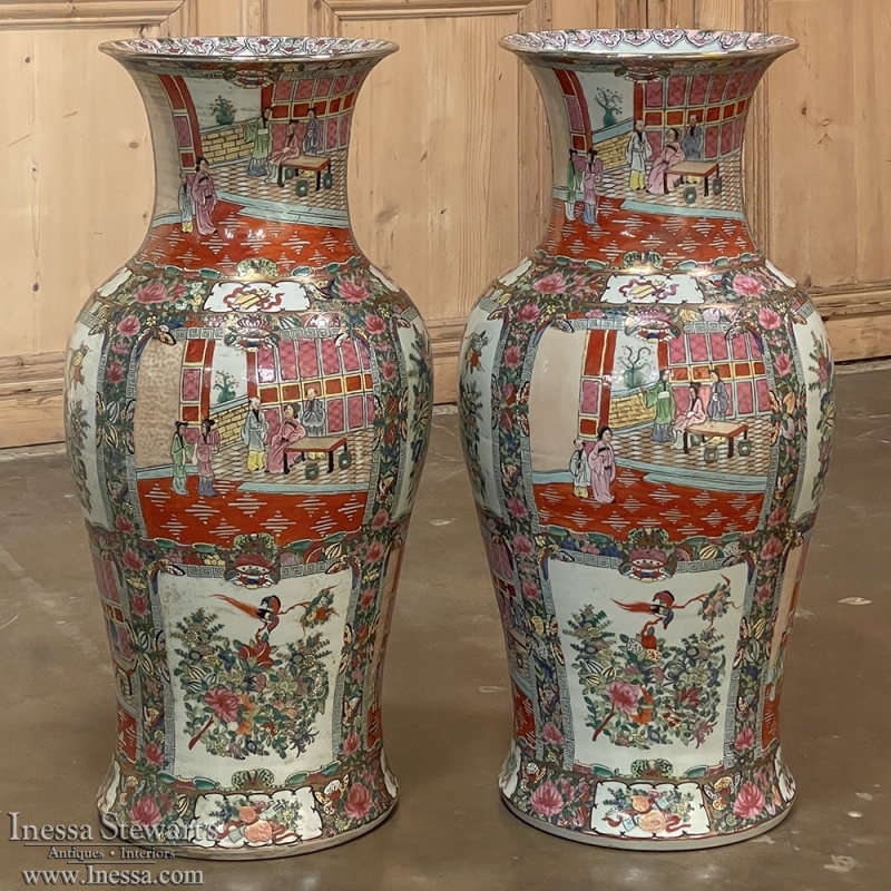 Pair Antique Chinese Hand-Painted Vases