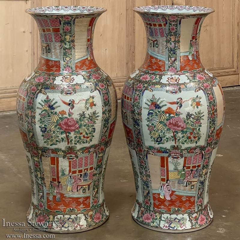 Pair Antique Chinese Hand-Painted Vases