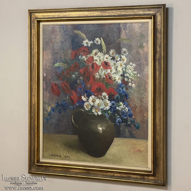 Vintage Framed Still Life Oil Painting on Canvas by L. Snijders dated 1964