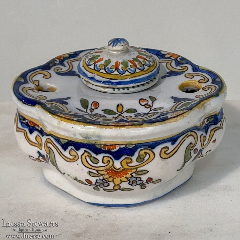 19th Century Hand-Painted Ceramic Inkwell from Rouen