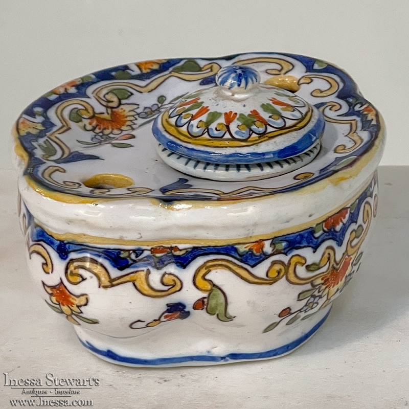 19th Century Hand-Painted Ceramic Inkwell from Rouen
