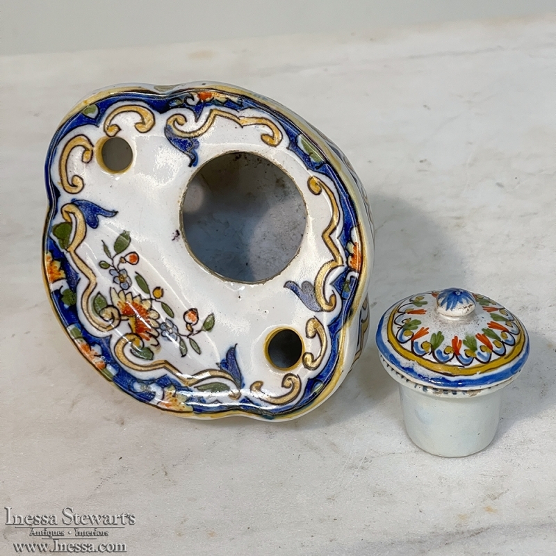 19th Century Hand-Painted Ceramic Inkwell from Rouen