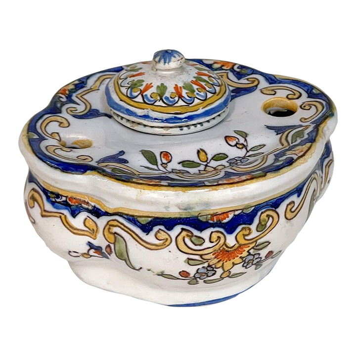 19th Century Hand-Painted Ceramic Inkwell from Rouen