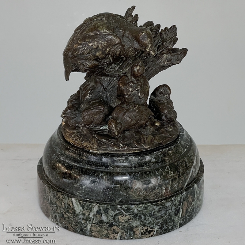 19th Century French Bronze Sculpture of Nesting Quail on Marble Base