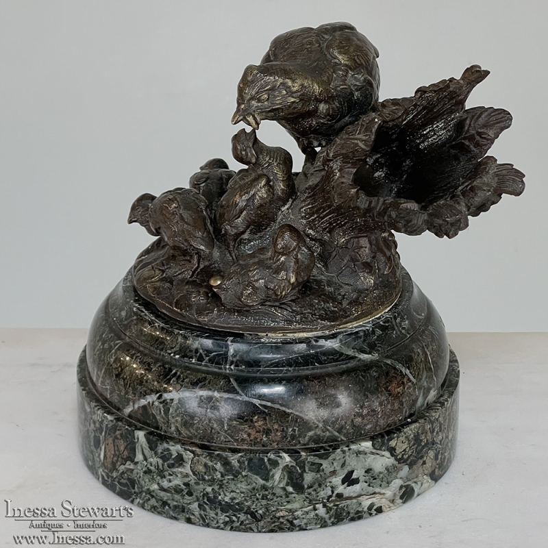 19th Century French Bronze Sculpture of Nesting Quail on Marble Base