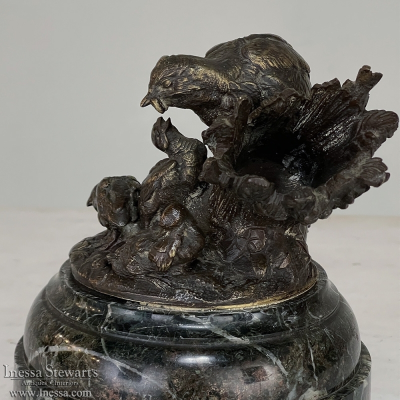 19th Century French Bronze Sculpture of Nesting Quail on Marble Base