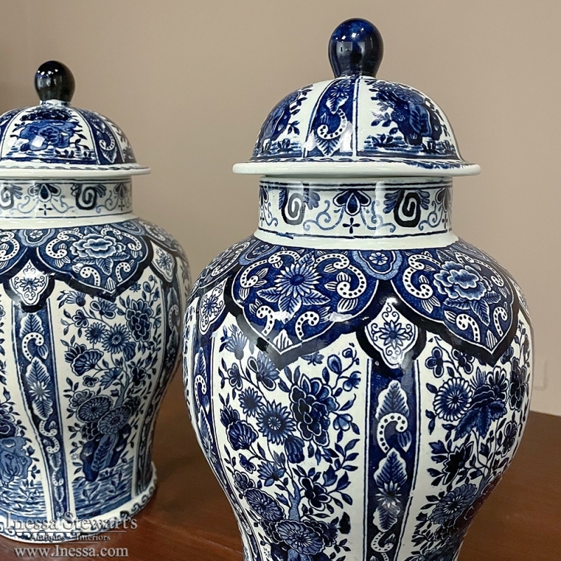 Pair Antique Delft Lidded Urns by Boch of Holland