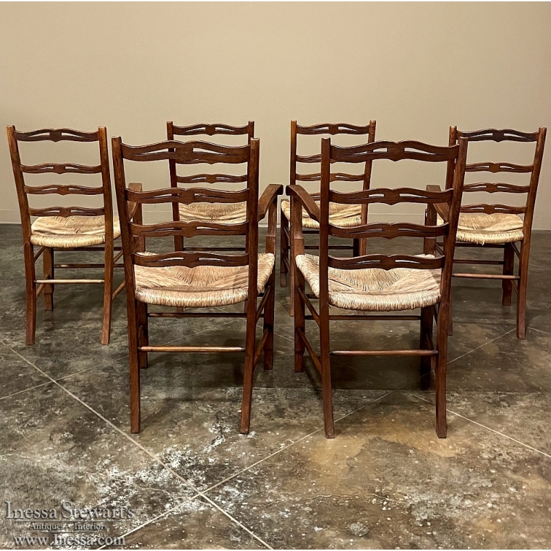 Set of 6 Country French Dining Chairs with Rush Seats includes 2 Armchairs