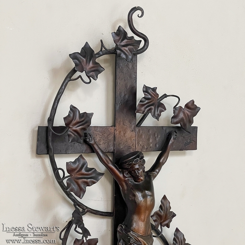 Antique Painted Wrought Iron Crucifix