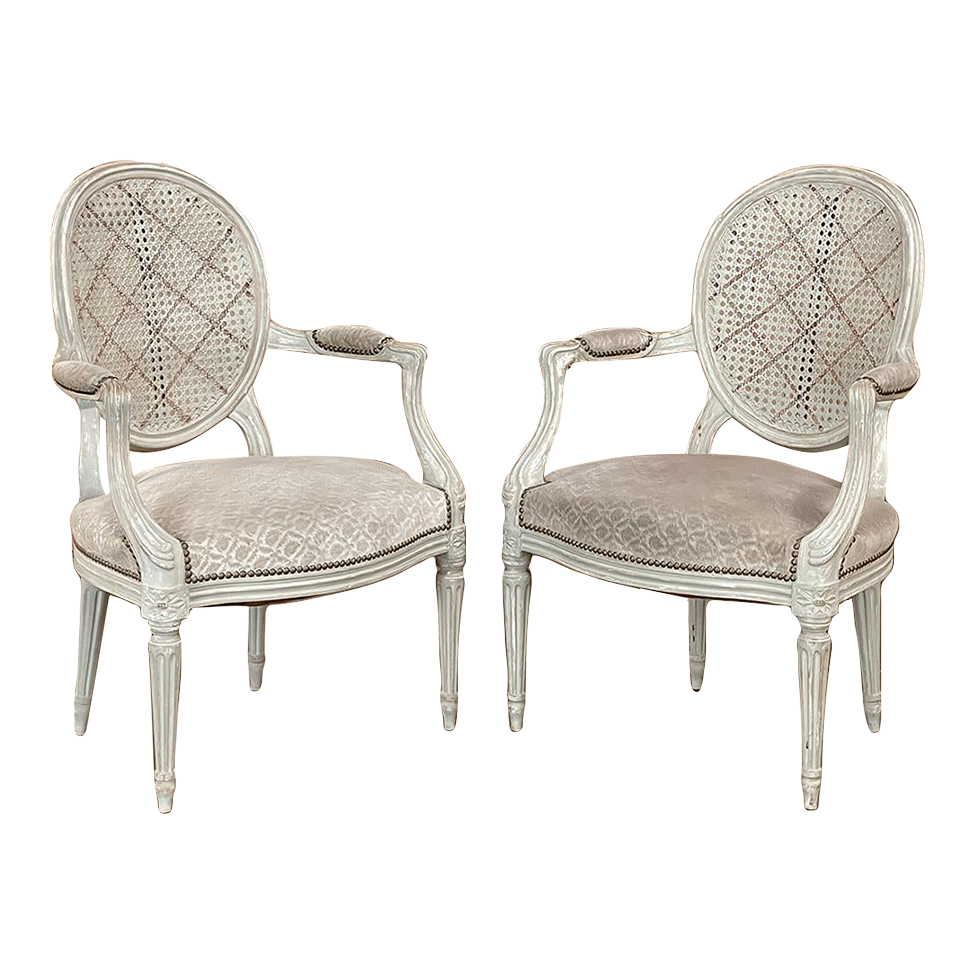 Pair Antique French Louis XVI Painted Armchairs with Cane and Fabric