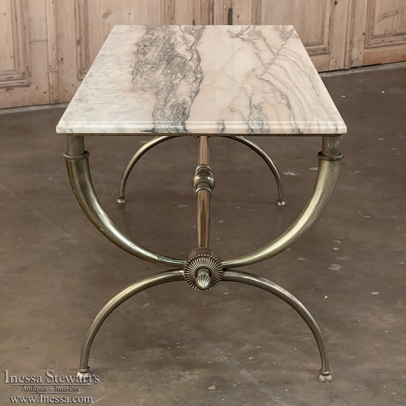 Mid-Century Brass Coffee Table with Marble Top