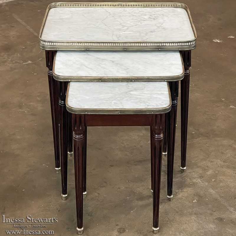 Antique French Louis XVI Mahogany Nesting Tables with Carrara Marble Tops