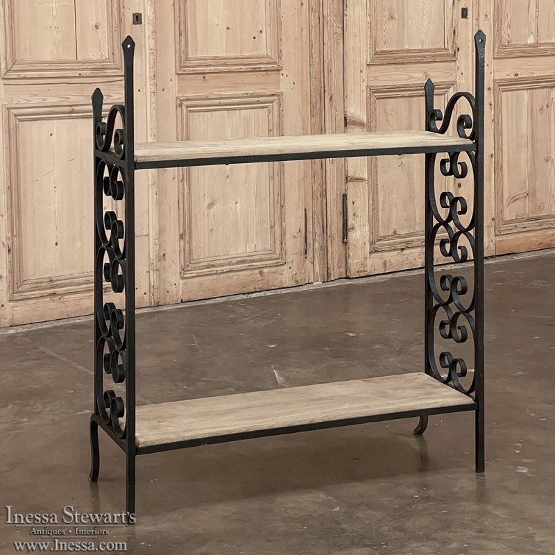 Mid-Century Wrought Iron & Oak Plank Open Bookshelf