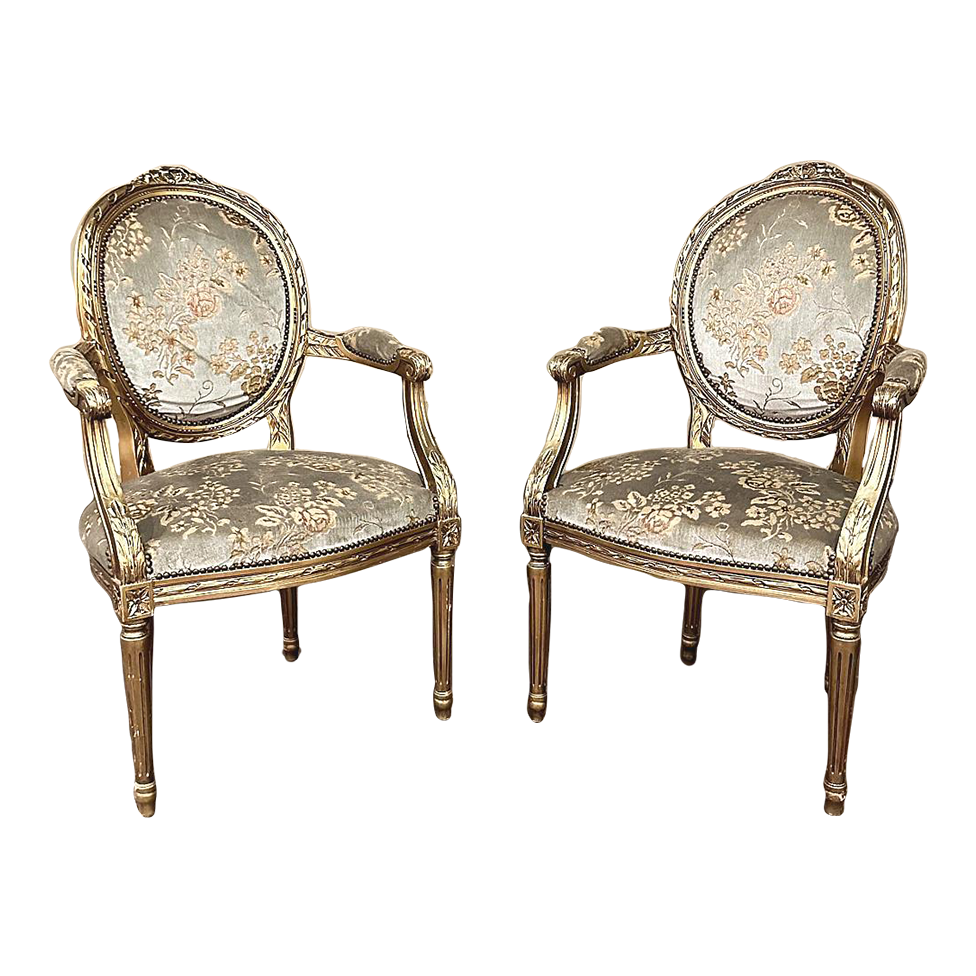 Pair 19th Century French Louis XVI Gilded Armchairs ~ Fauteuils