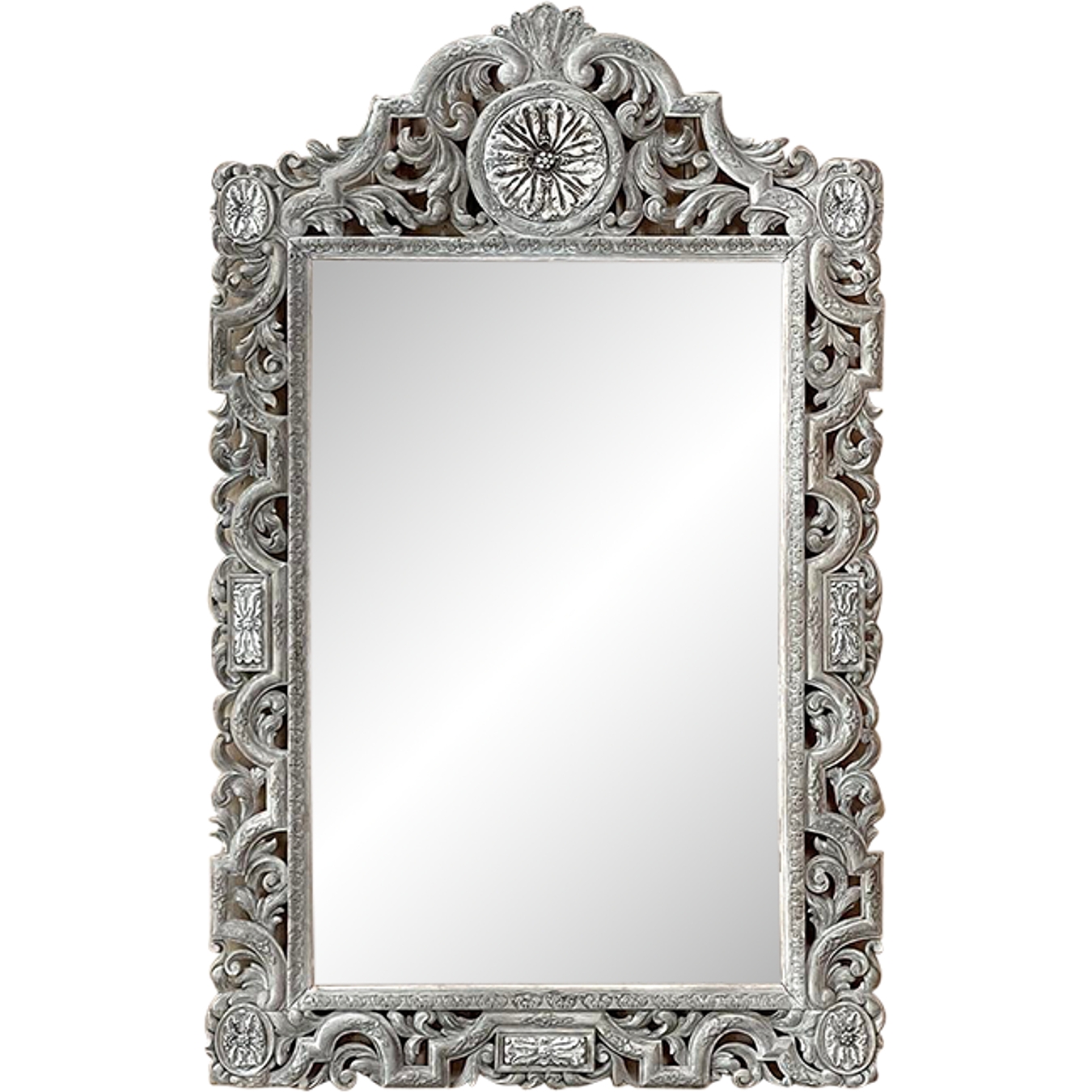 Antique Renaissance Carved and Whitewashed Wood Mirror