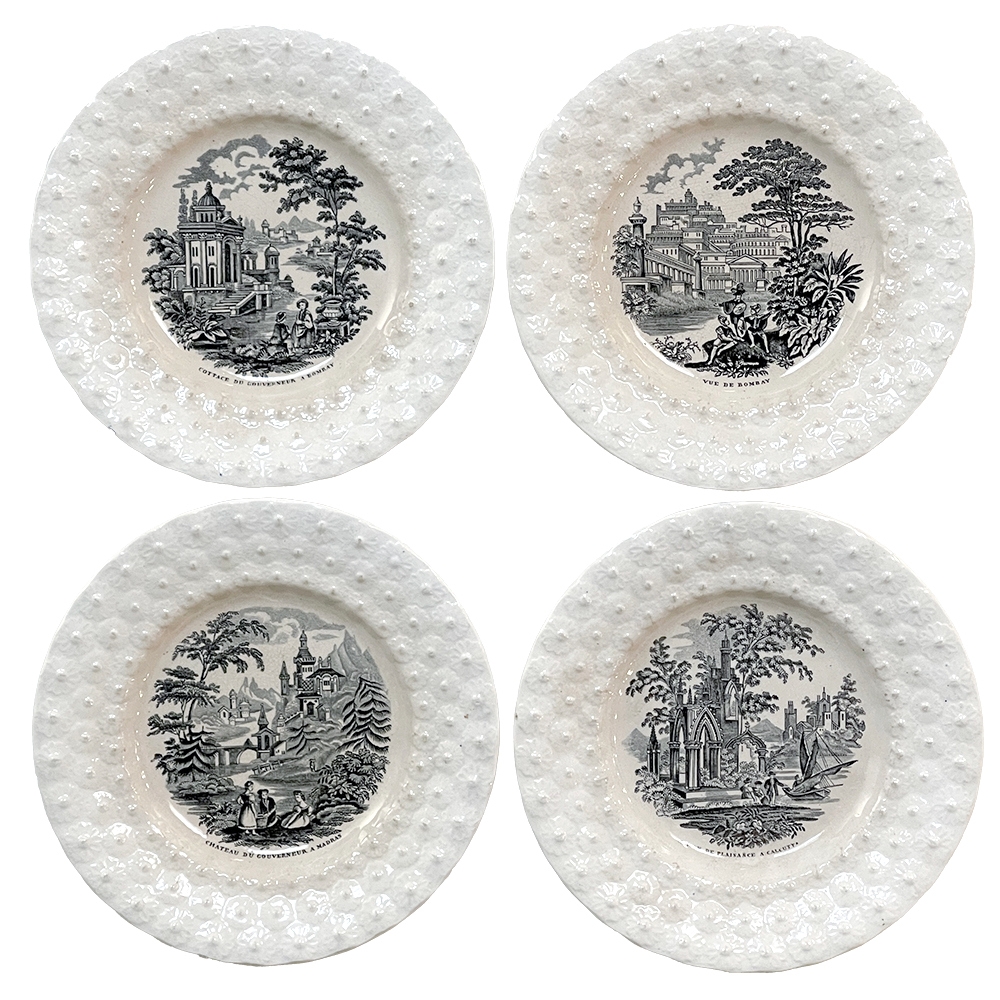 Set of Four 19th Century Black and White Transferware Plates