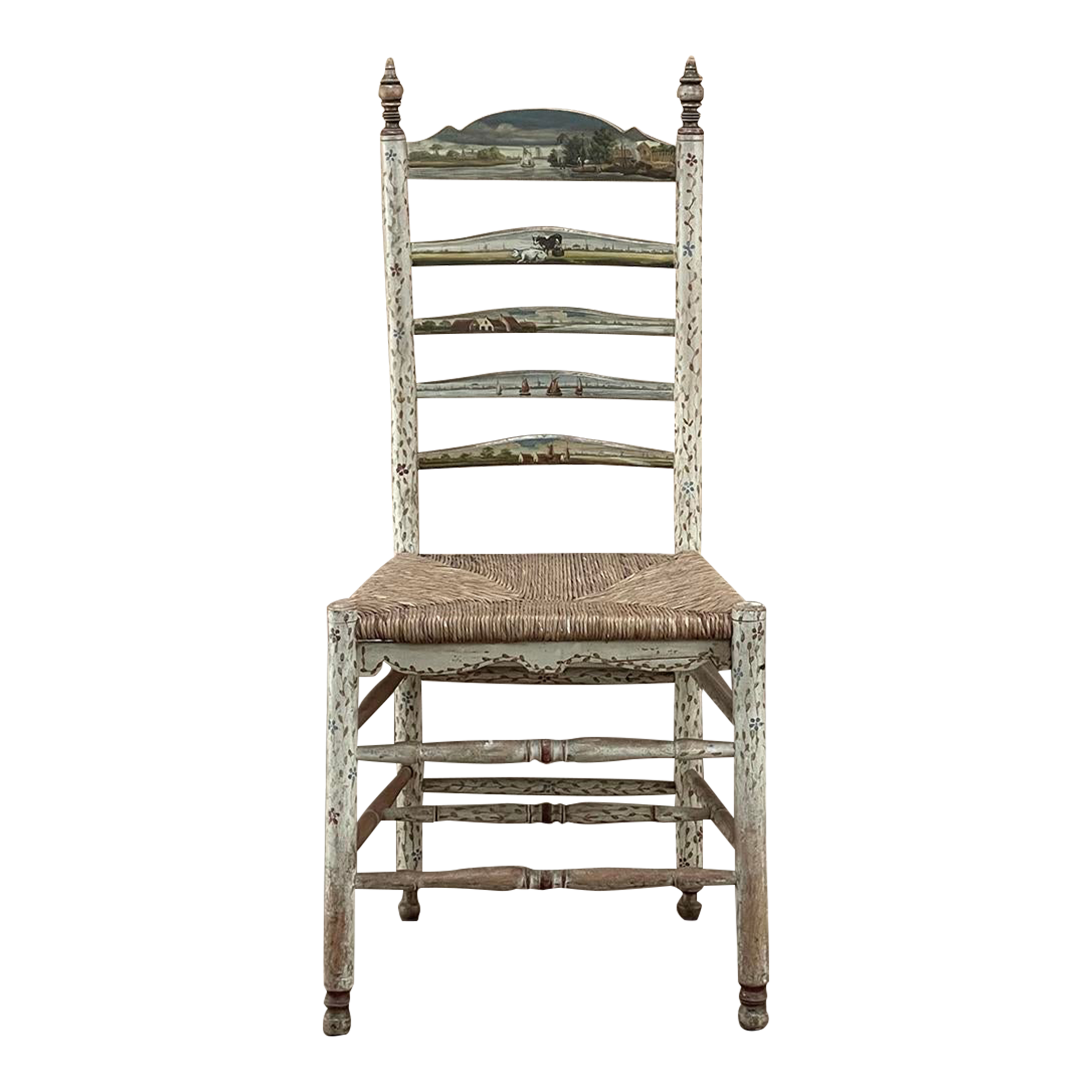 Antique Rustic Dutch Painted Rush Seat Chair