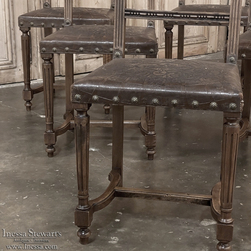 Set of 6 Antique French Walnut Louis XVI Dining Chairs with Embossed ...