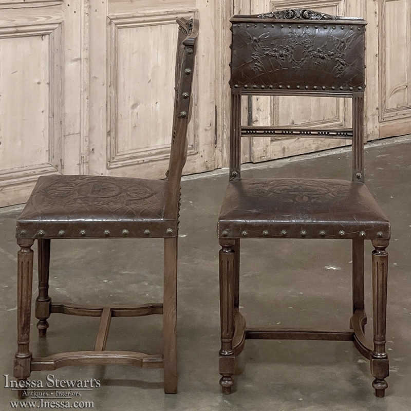 Set of 6 Antique French Walnut Louis XVI Dining Chairs with Embossed ...