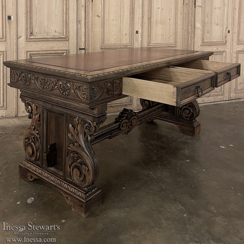 Antique Italian Louis XIV Neoclassical Walnut Desk with Faux Leather Top