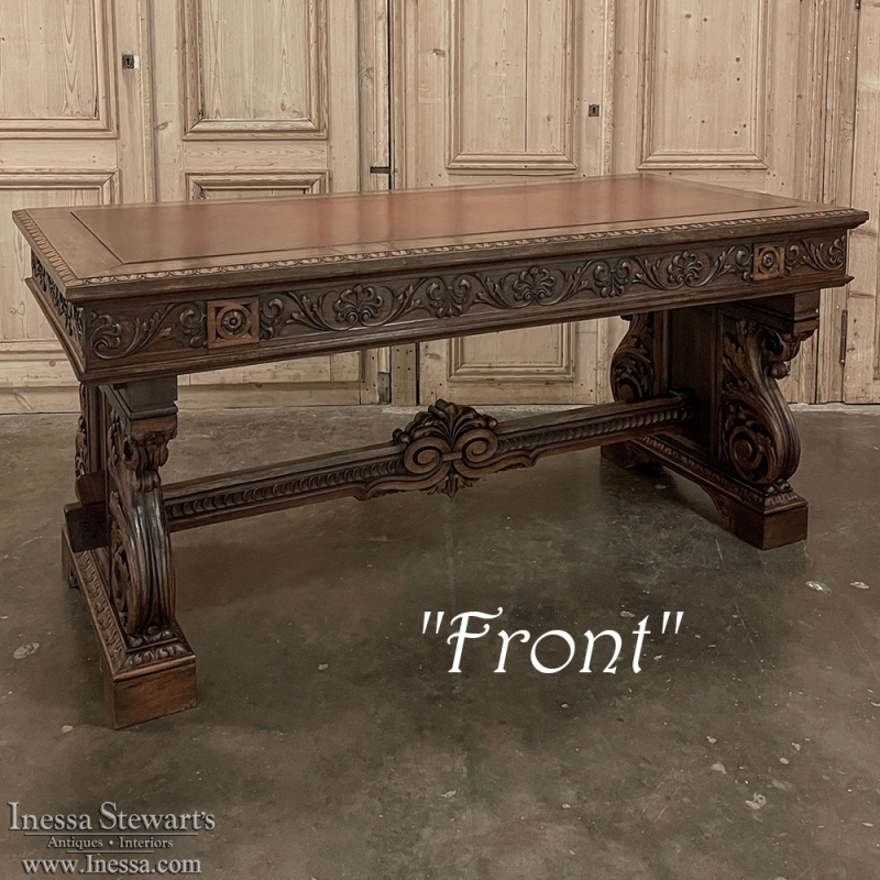 Antique Italian Louis XIV Neoclassical Walnut Desk with Faux Leather Top