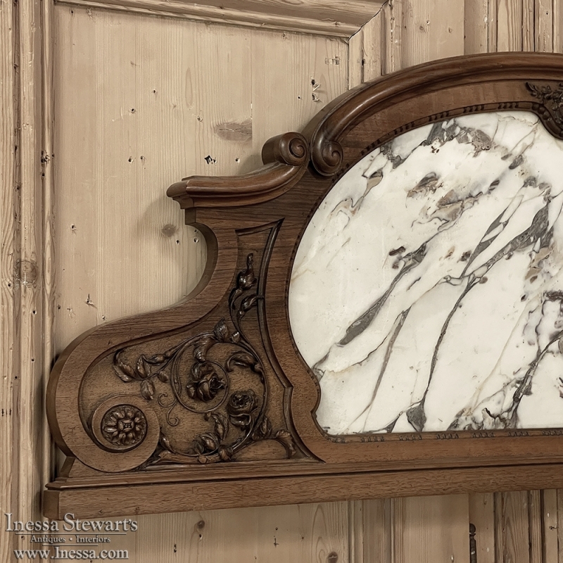 Antique French Louis XIV Carved Walnut Wall Decoration with Marble Inset