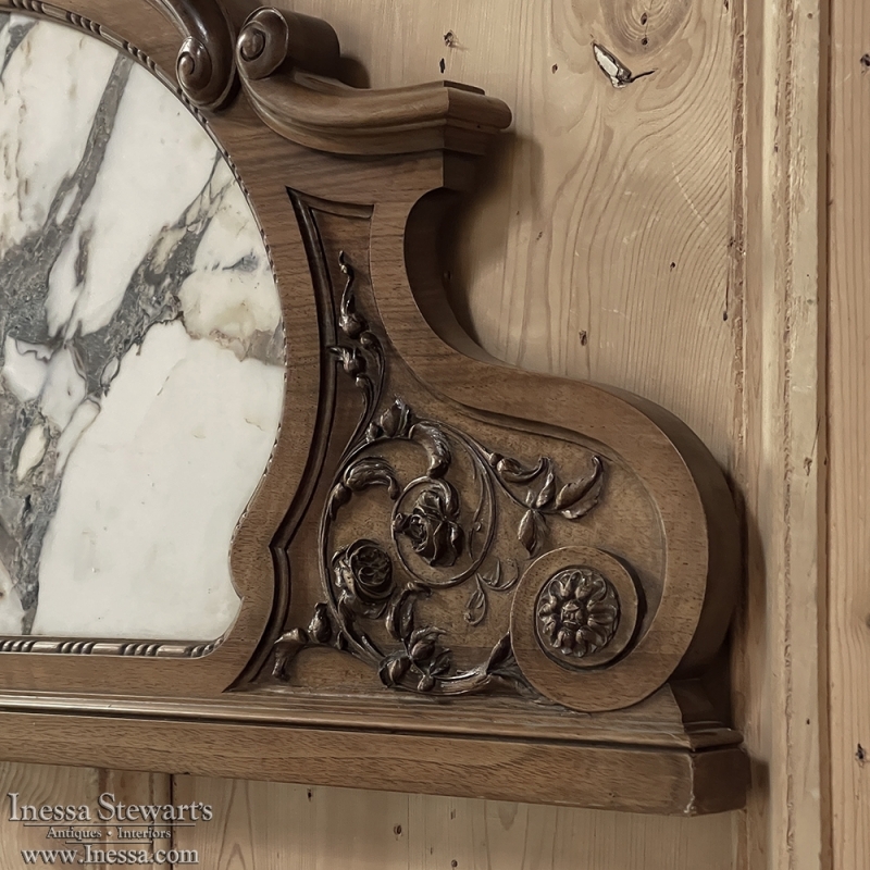 Antique French Louis XIV Carved Walnut Wall Decoration with Marble Inset