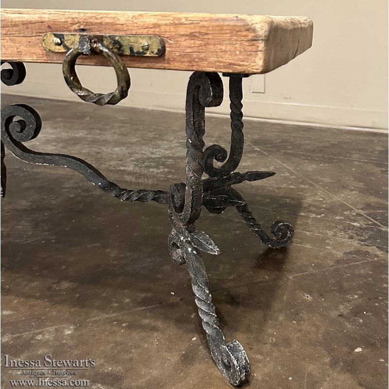 Antique Rustic Butcher Block Wrought Iron Coffee Table