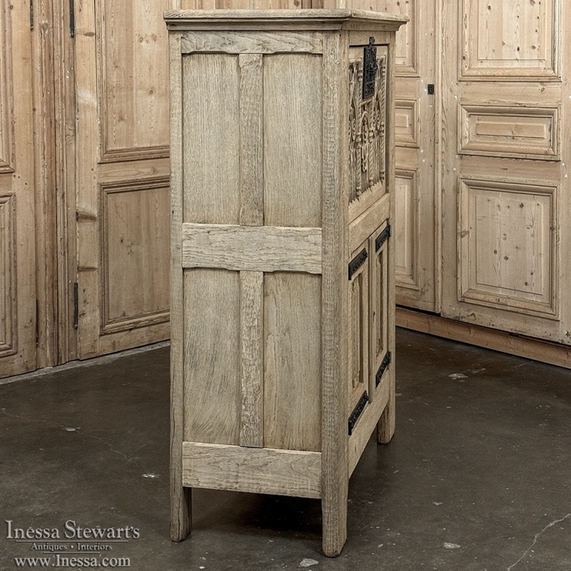 Antique French Gothic Revival Dry Bar ~ Raised Cabinet in Stripped Oak