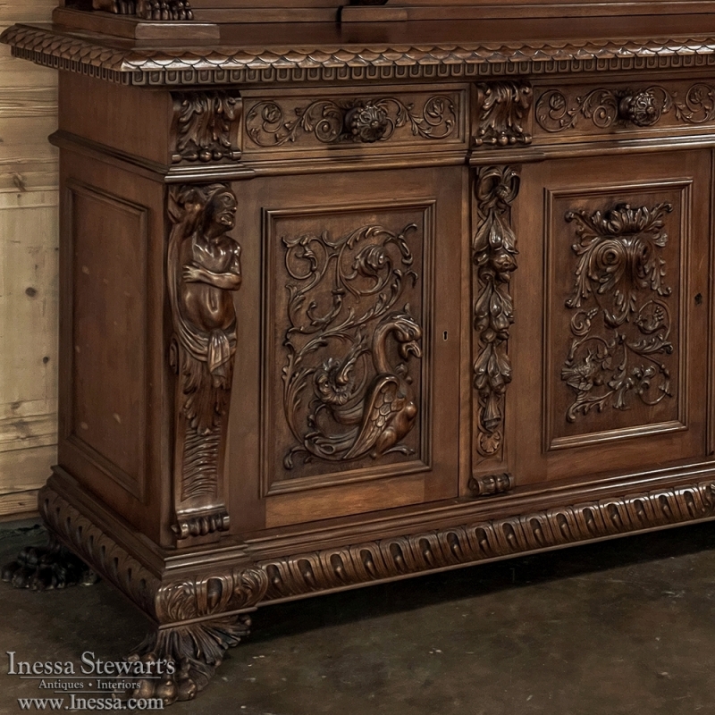 Antique Grand Italian Renaissance Two-Tier Buffet in Walnut