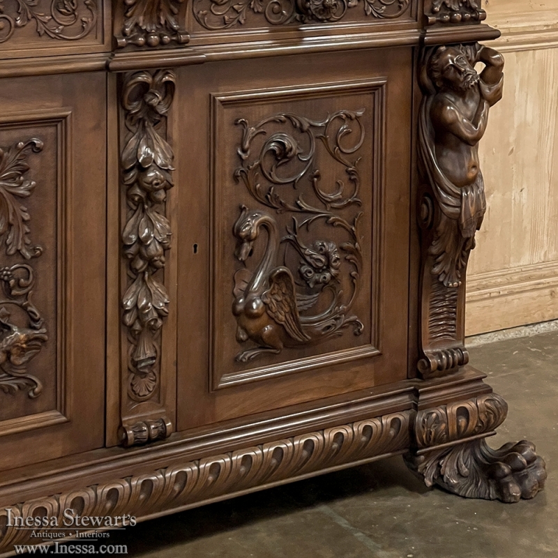 Antique Grand Italian Renaissance Two-Tier Buffet in Walnut