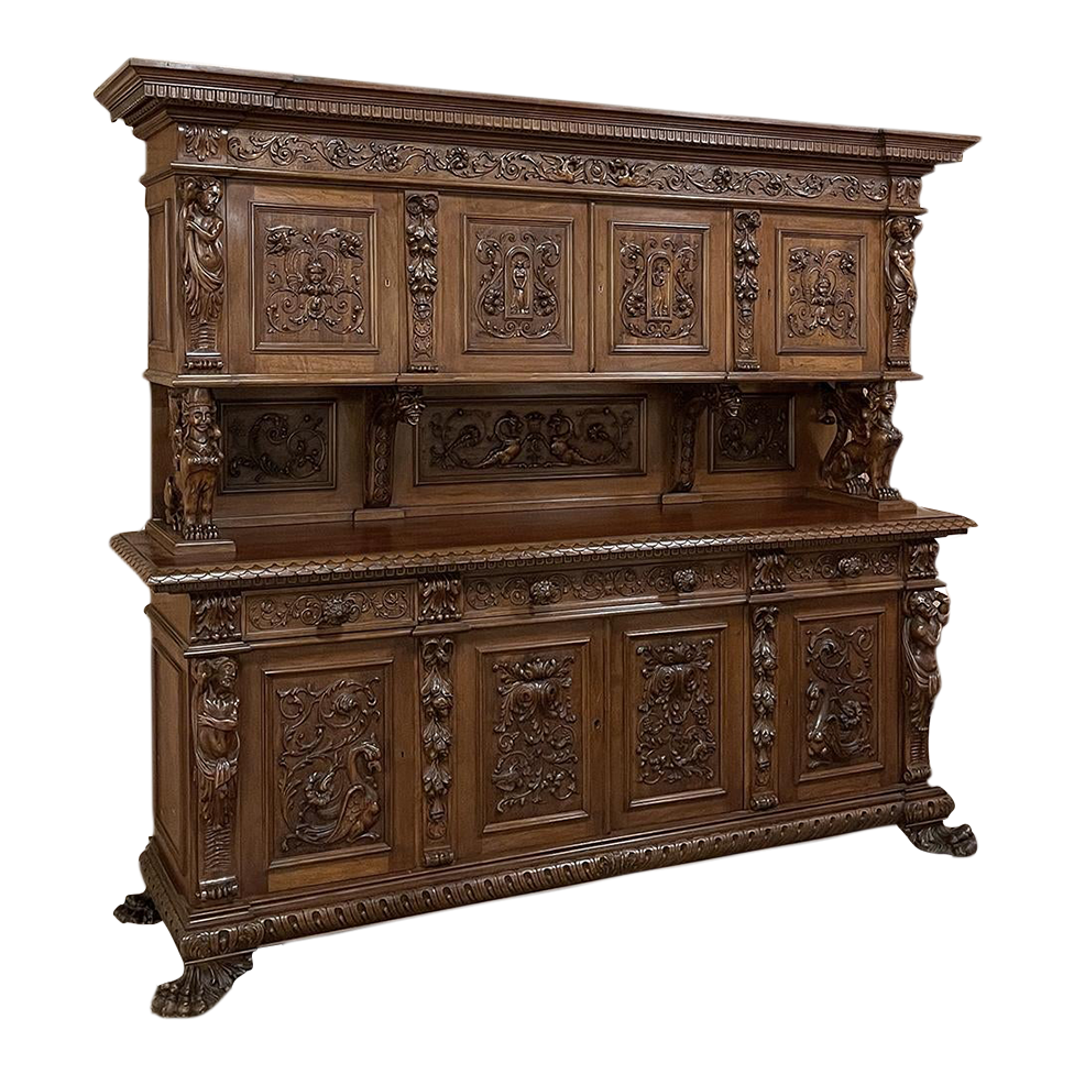 Antique Grand Italian Renaissance Two-Tier Buffet in Walnut
