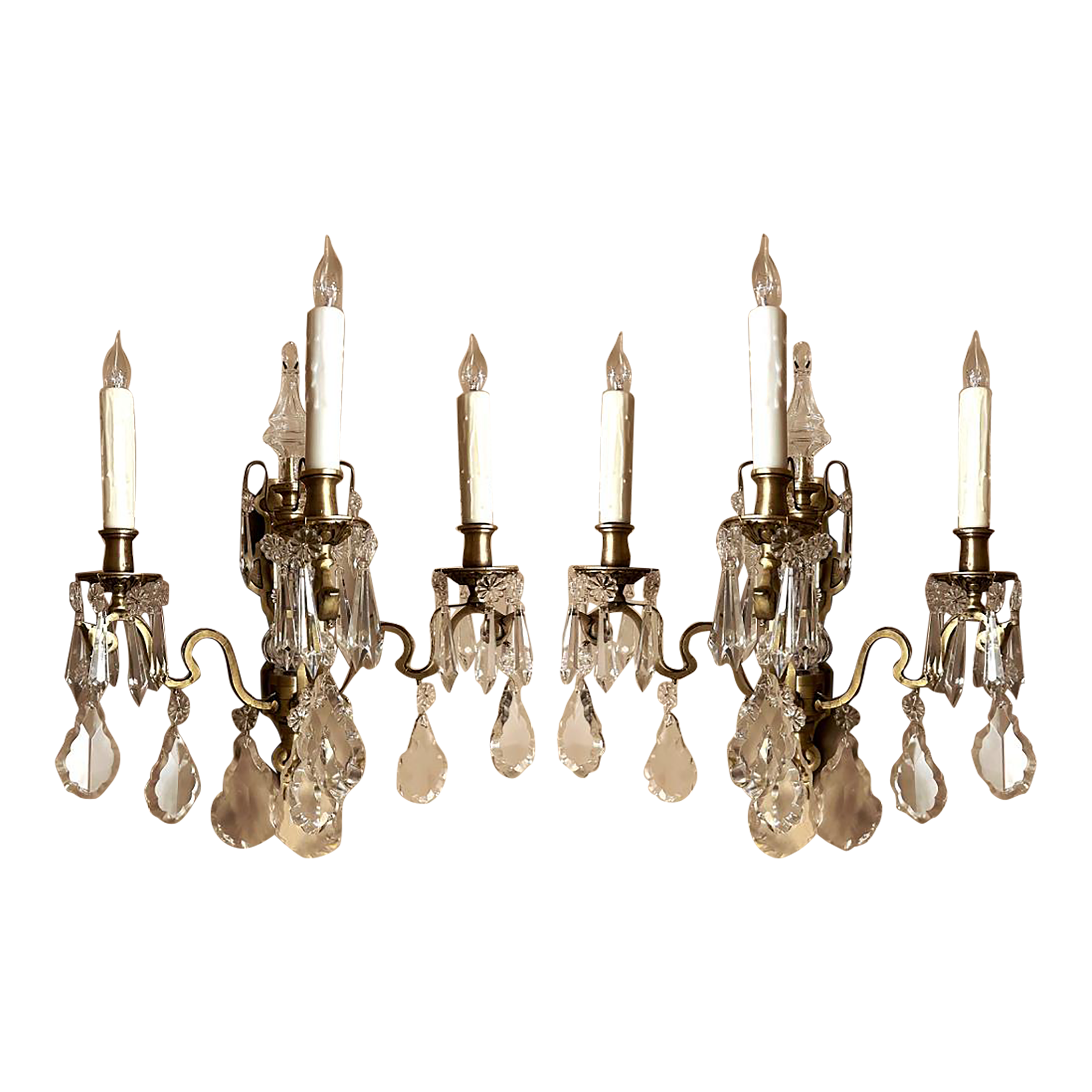 Pair Solid Brass & Crystal French Style Wall Sconces