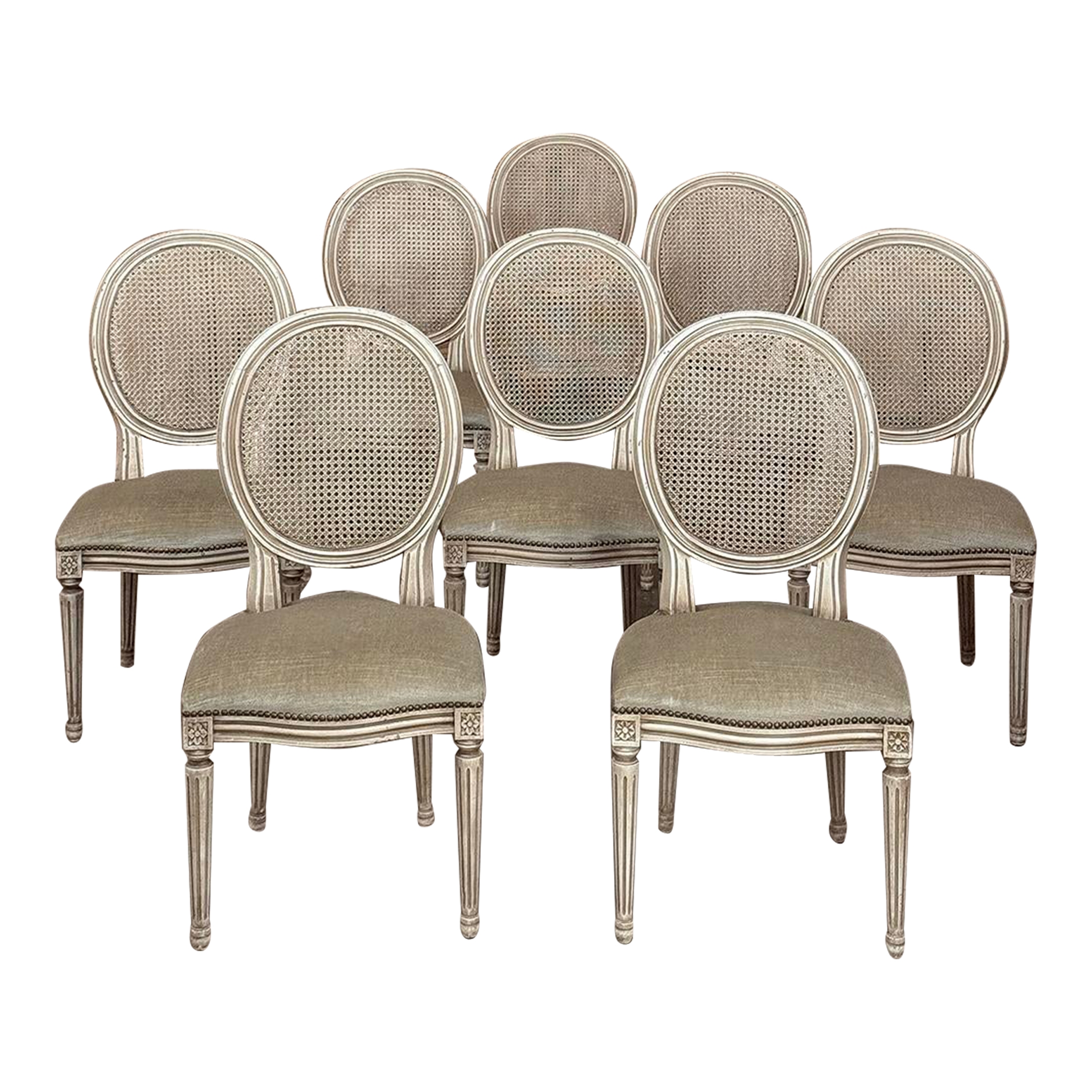 Set of 8 Antique French Louis XVI Painted Dining Chairs with Mohair & Cane