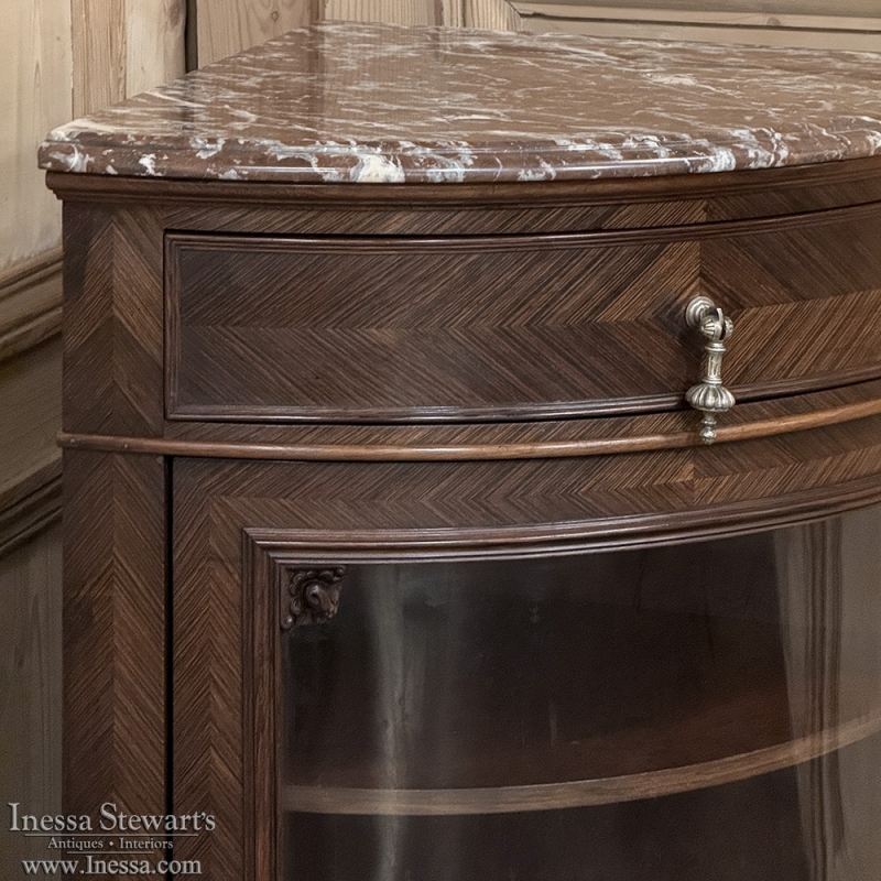 19th Century French Louis XVI Rosewood Marble Top Corner Vitrine ~ Cabinet